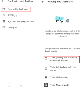 Cách thêm và thanh toán bằng sim Viettel Telecom trên CH Play